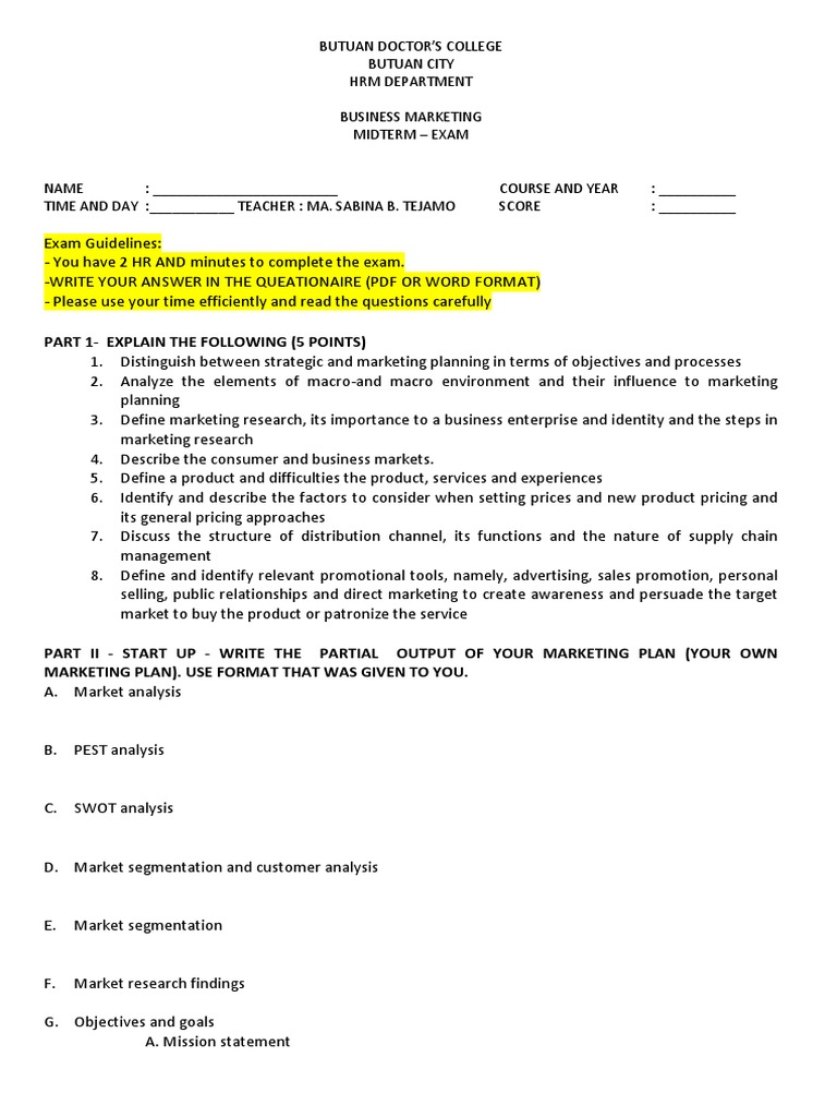 Business Marketing Midterm Exam | PDF | Career & Growth | Finance ...