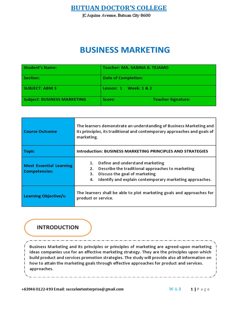Business Marketing Module 1 - Principles of Marketing and Strategies ...