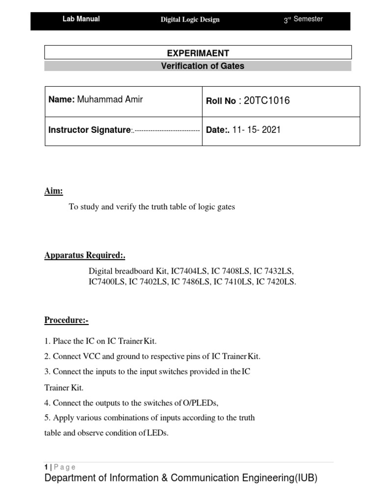 Verification of Gates Experimaent: Digital Logic Design Lab Manual ...
