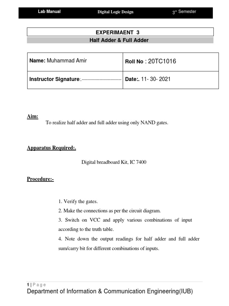 Half Adder & Full Adder Experimaent 3: Digital Logic Design Lab Manual ...