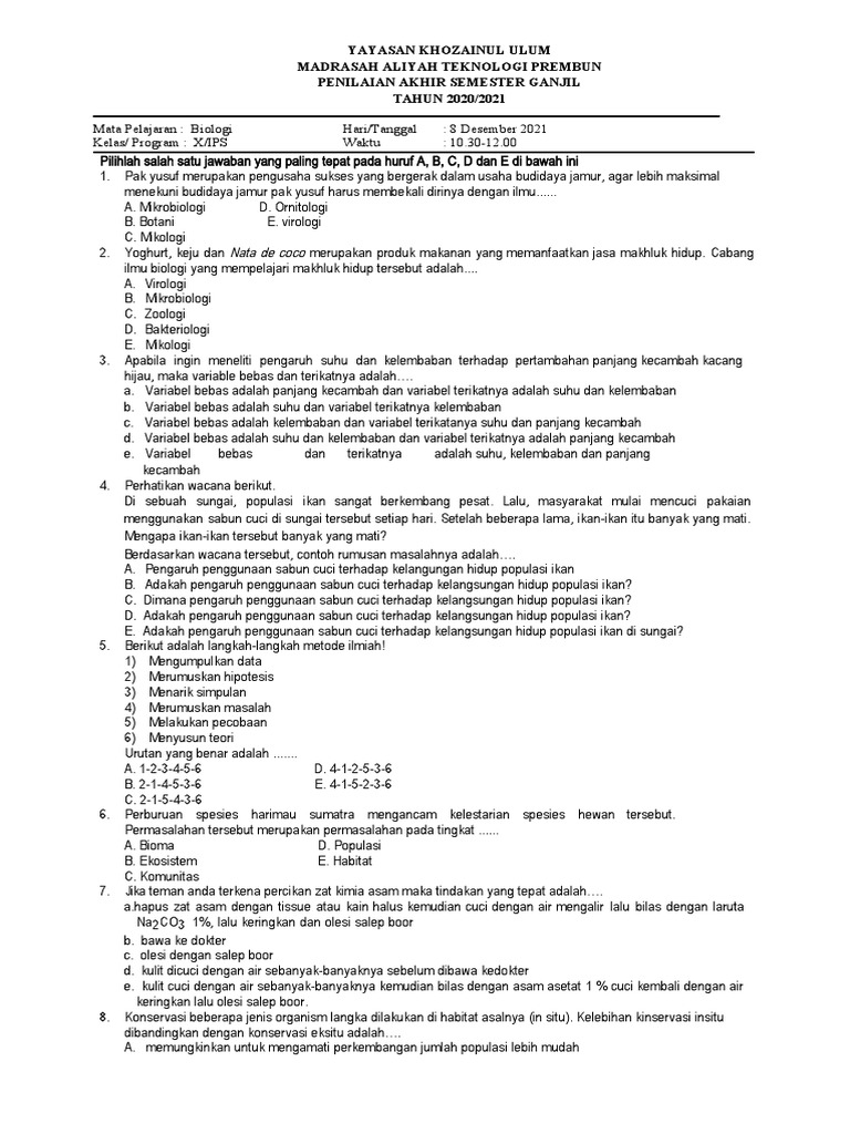 Pas Biologi X Ganjil-1 | PDF | Sains & Matematika