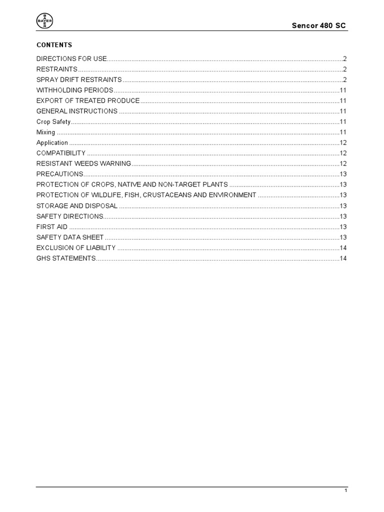 Sencor 480 SC Selective Herbicide Product Label | PDF | Herbicide | Weed