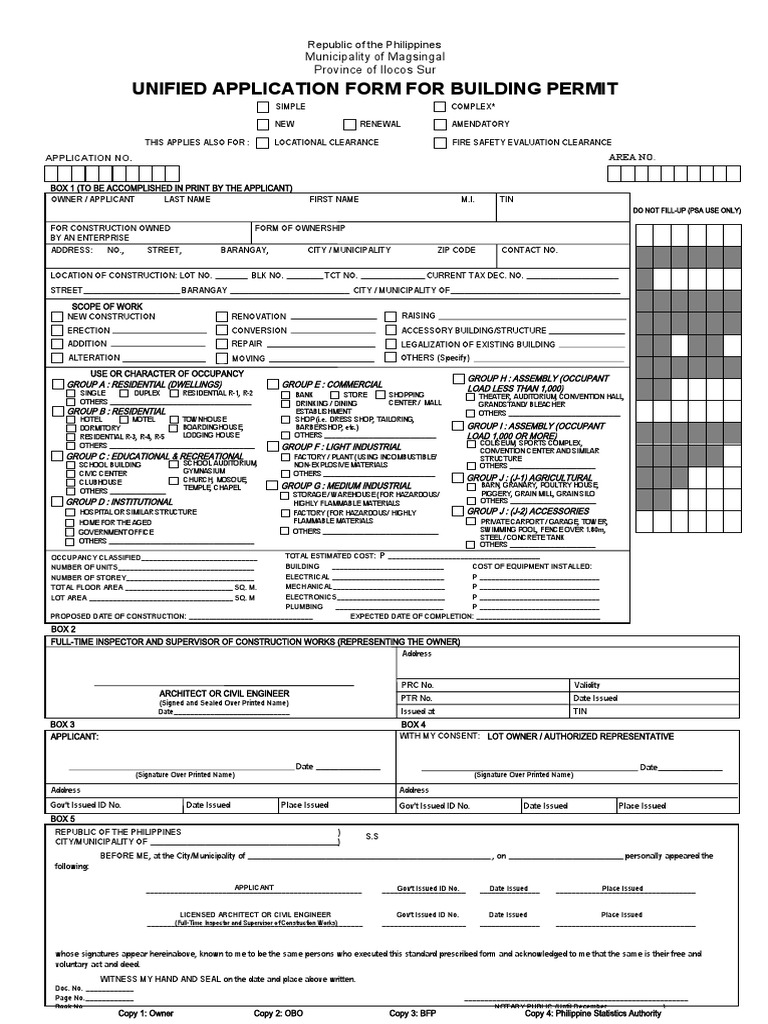 Unified Application Form For Building Permit: Municipality of Magsingal ...