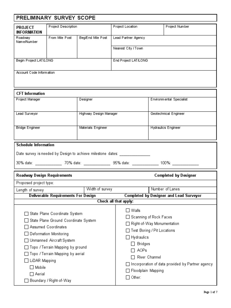 Preliminary Survey Scope: Page 1 of 7 | PDF | Surveying | Topography