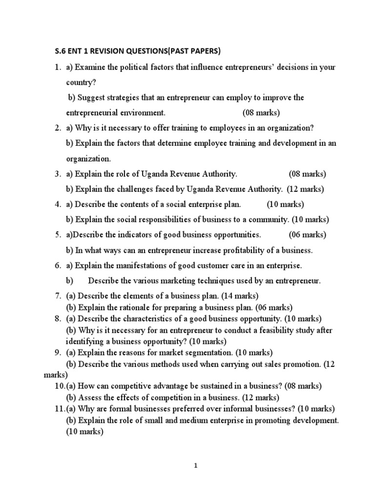 s.6 Entrepreneurship Paper 1 Revision Questions (Past Papers) | PDF ...
