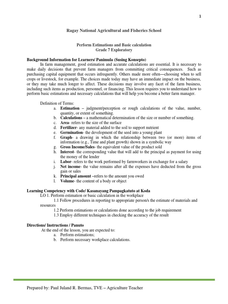 AFA Grade - 7 - W2 - Perform Estimations and Basic Calculations 2 | PDF ...