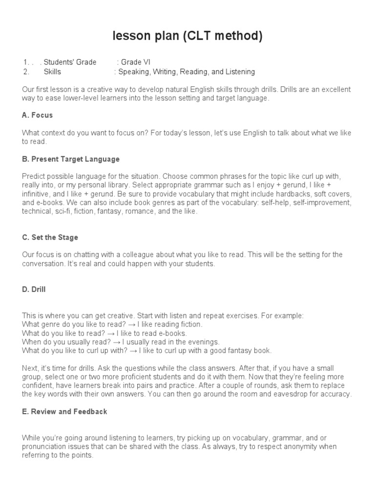 Lesson Plan (CLT Method) : A. Focus | PDF