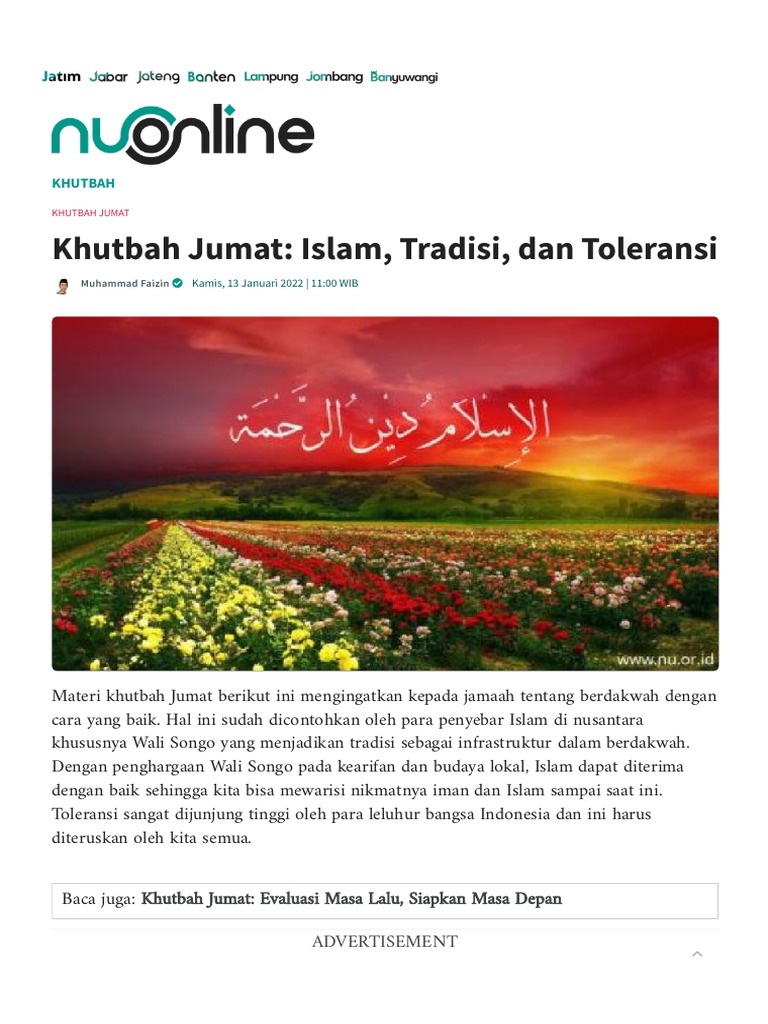 Khutbah Jumat - Islam, Tradisi, Dan Toleransi - NU Online | PDF