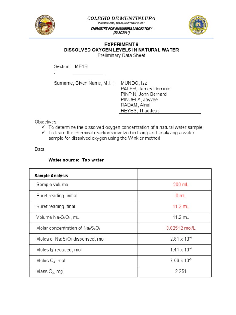 Experiment 6 Dissolved Oxygen Levels in Natural Water: Colegio de ...