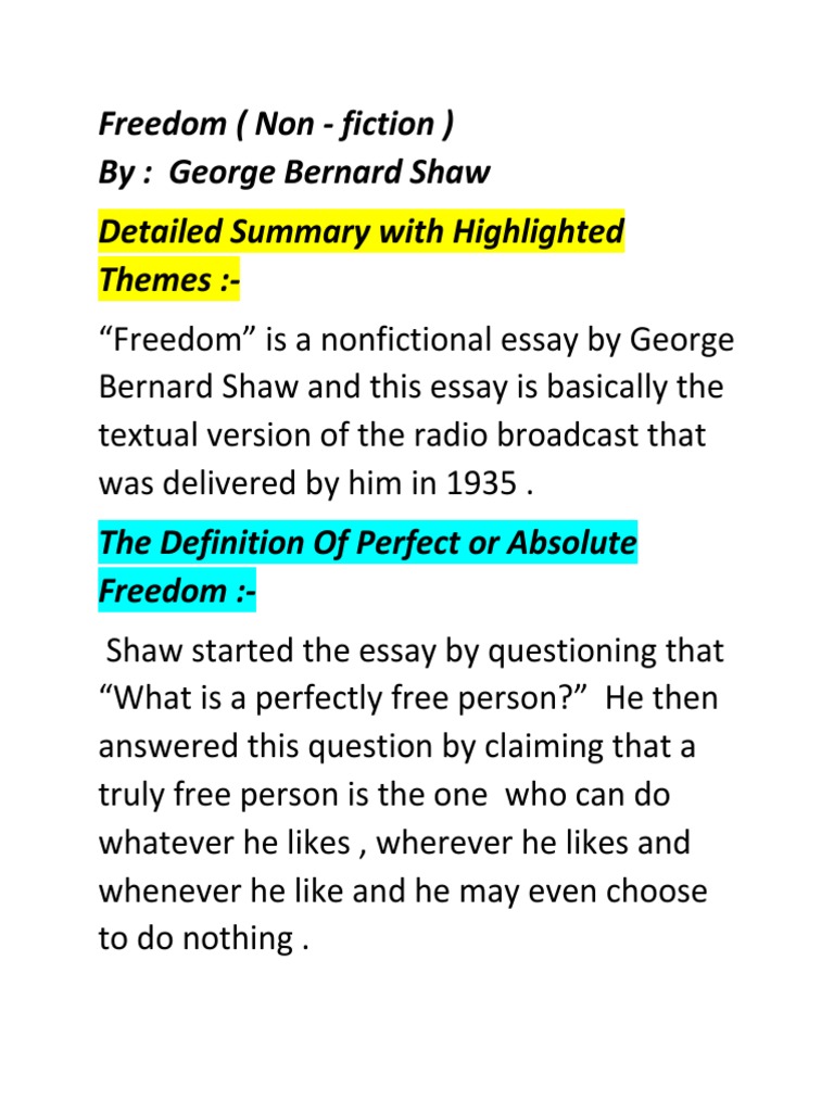 Freedom (Non - Fiction) By: George Bernard Shaw Detailed Summary With ...