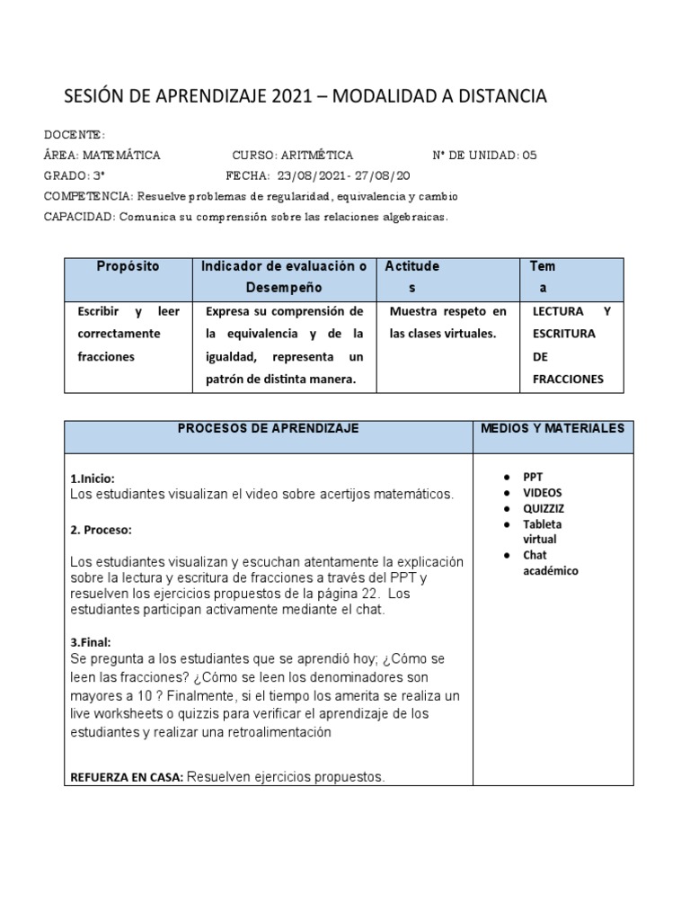 Lectura y Escritura de Fracciones | PDF