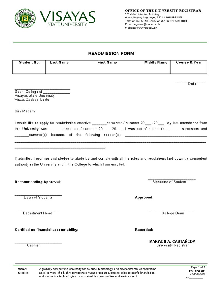 Readmission Form: Office of The University Registrar | PDF | University ...