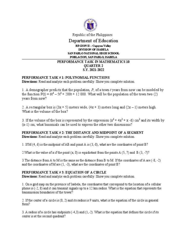 Math 10 Performance Task Quarter 2 | PDF