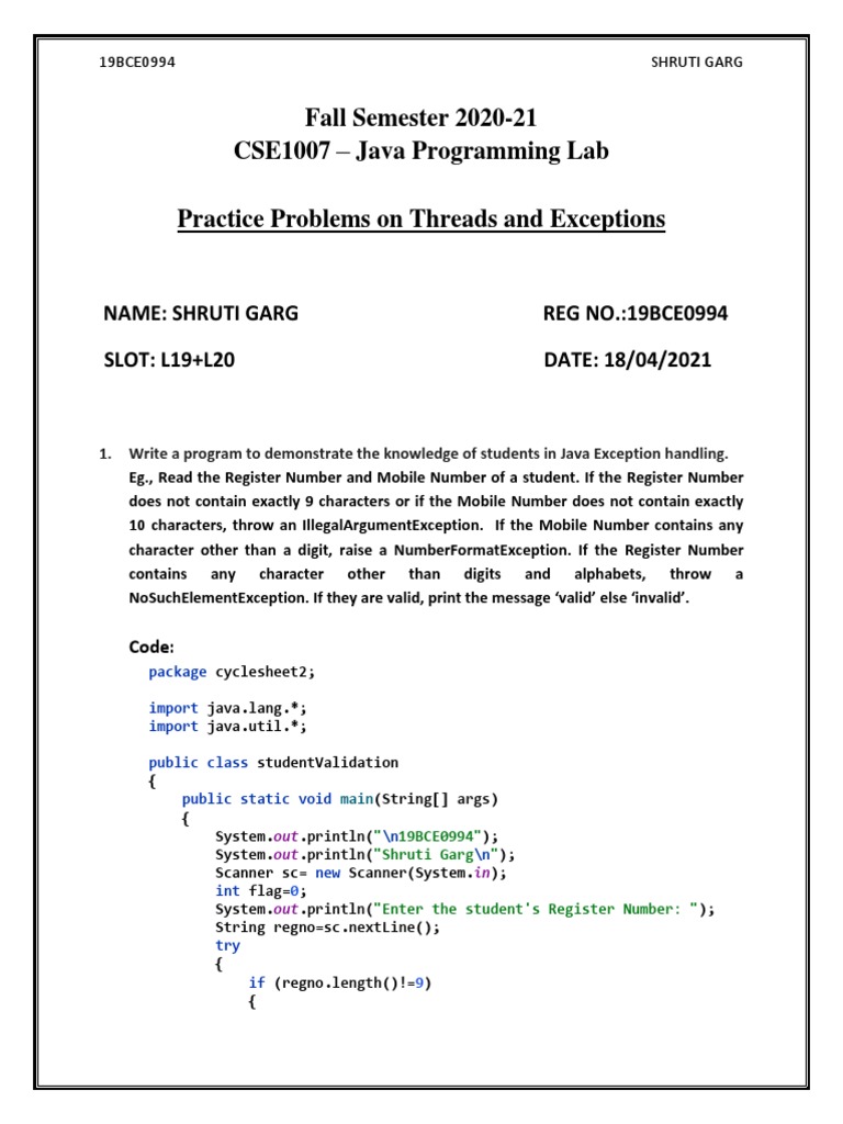 Fall Semester 2020-21 CSE1007 - Java Programming Lab | PDF | String (Computer Science) | Java ...