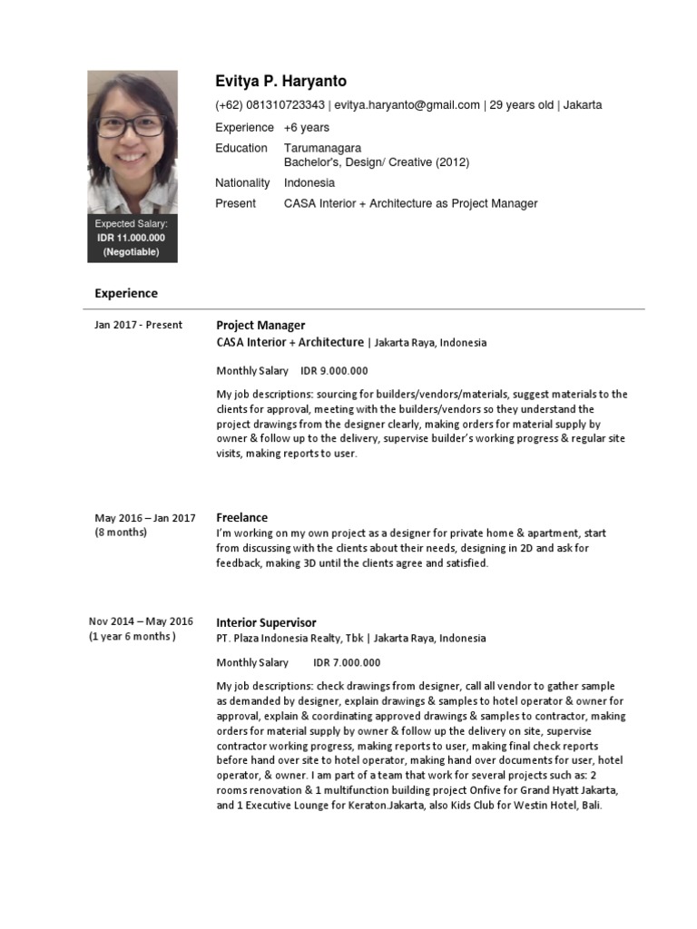 Indonesia CV Sample - Interior Designer 2019 | PDF
