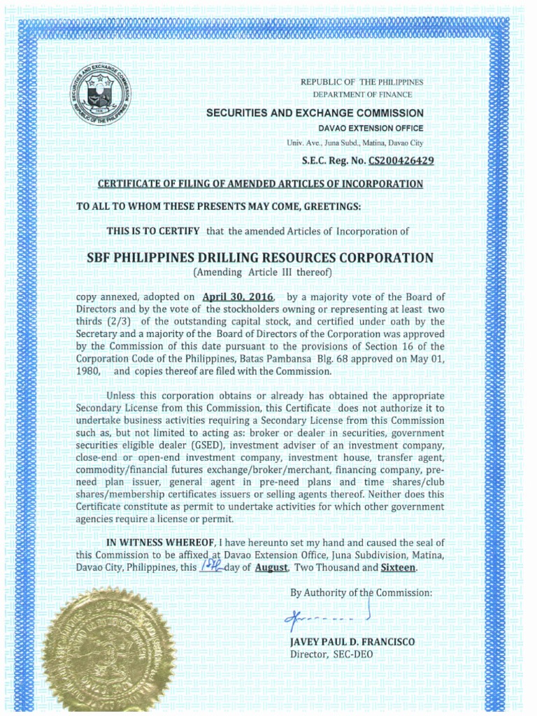 Amended Sec Articles of Incorporation | PDF