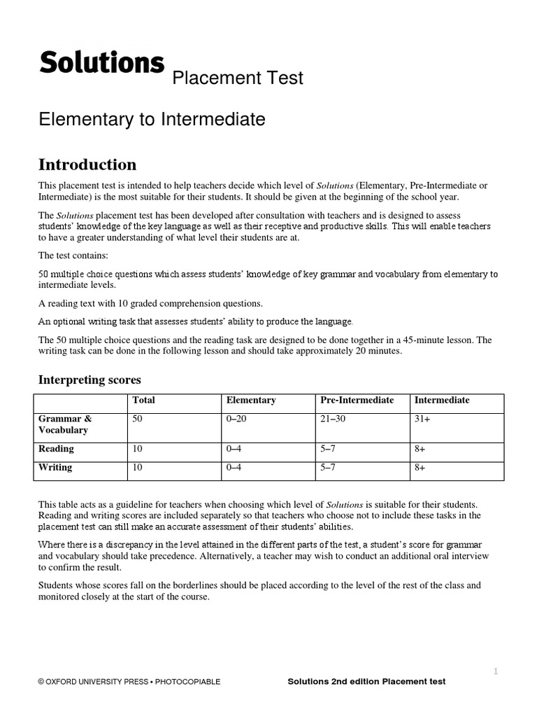 Placement Test Elementary To Intermediate: Interpreting Scores | PDF ...