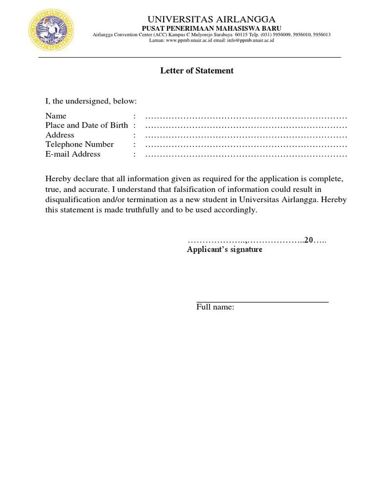 Universitas Airlangga: Letter of Statement | PDF