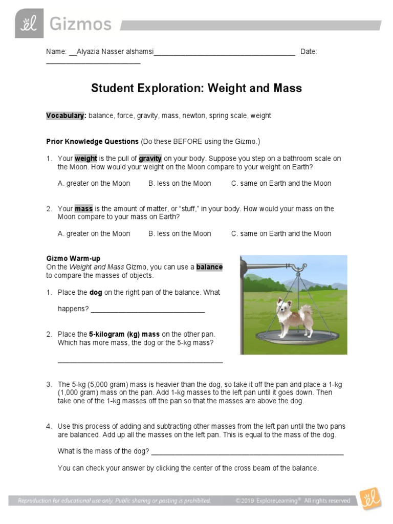 Student Exploration: Weight and Mass | PDF | Weight | Weighing Scale