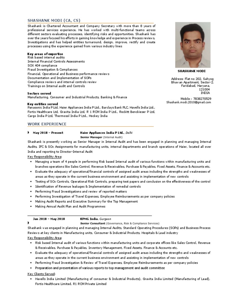 CV Shashank 2021 | PDF | Internal Control | Internal Audit