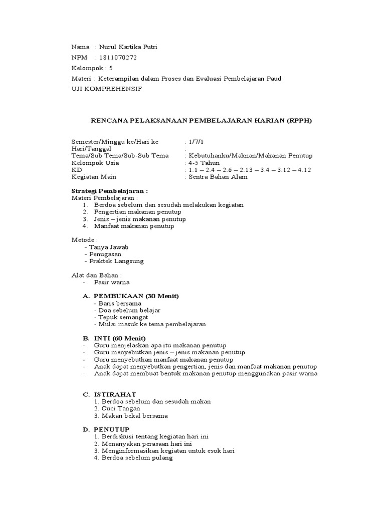 Contoh RPPH Dan Penilaian Pada Paud | PDF