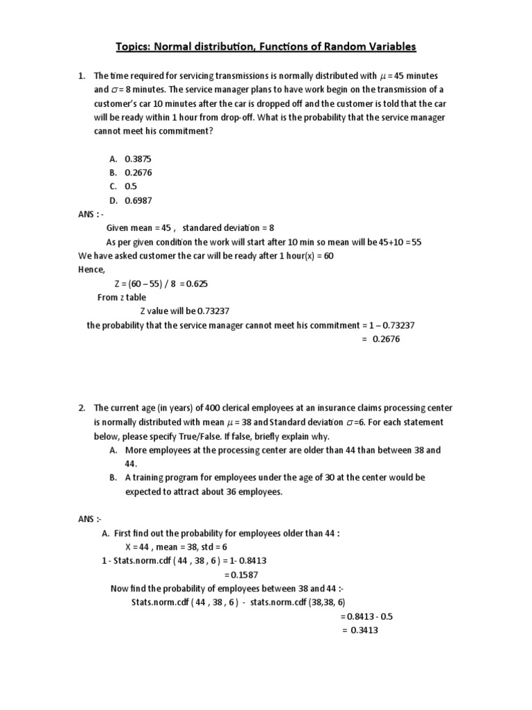 Topics Normal Distribution Functions Of Random Variables Pdf