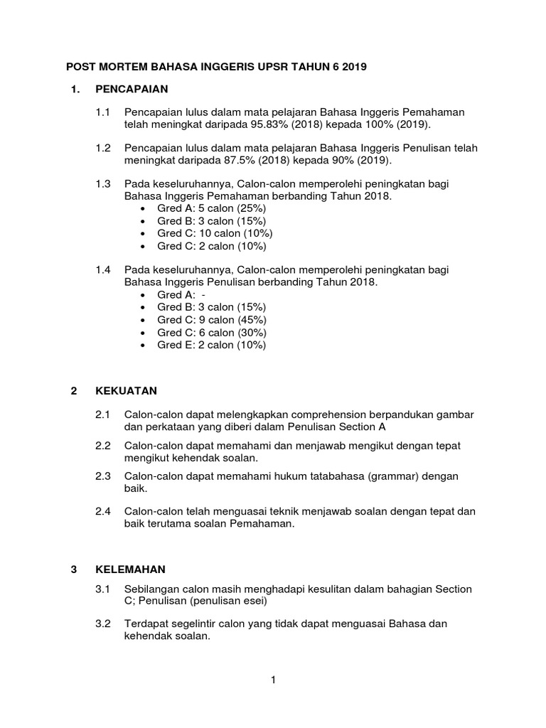 Post Mortem Bahasa Inggeris Upsr Tahun 6 2019 | PDF