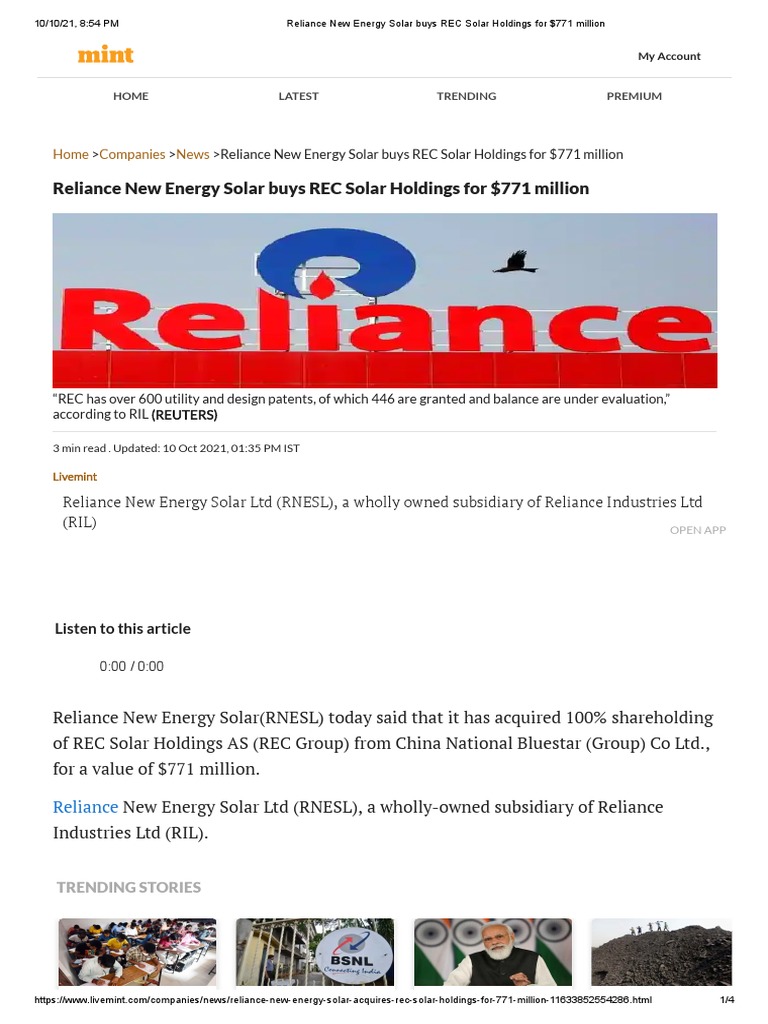 Reliance New Energy Solar Buys REC Solar Holdings For $771 Million ...