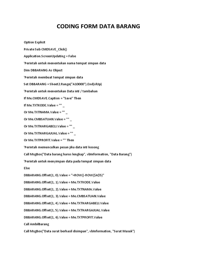 Coding Form Data Barang | PDF