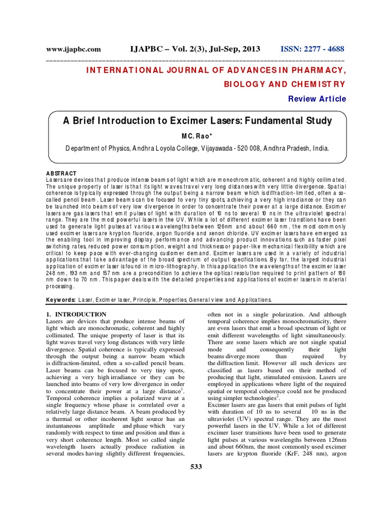 Excimer Lasers: Properties & Uses | PDF | Laser | Coherence (Physics)