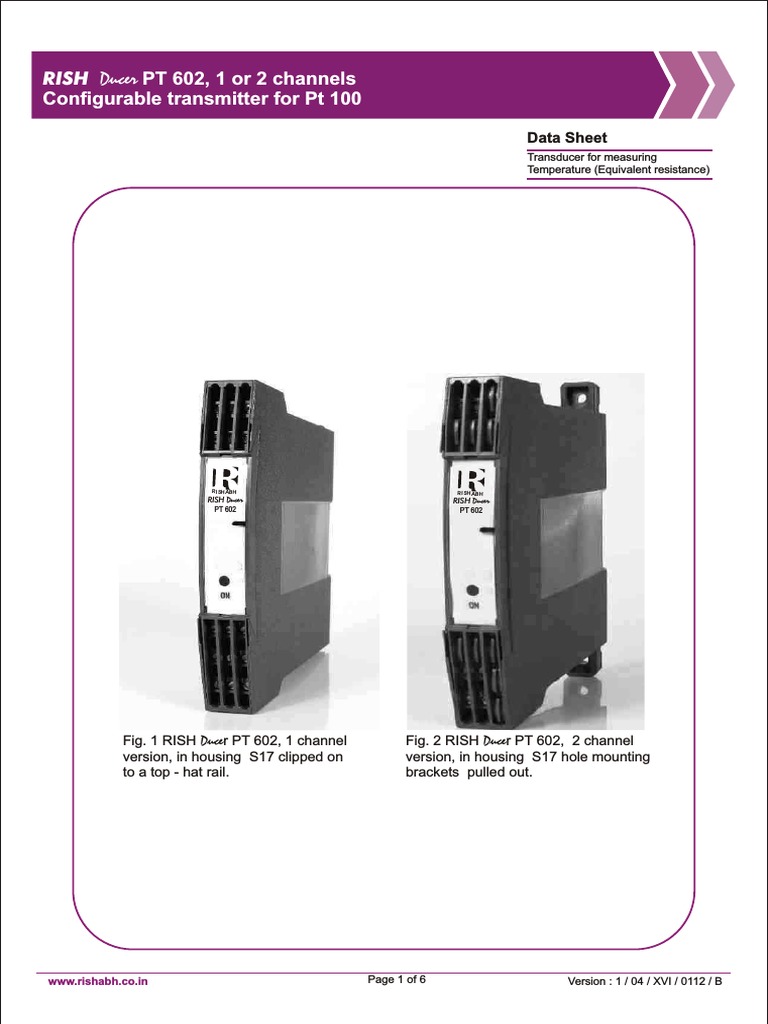 Configurable Transmitter For PT 100: RISH Ducer PT 602, 1 or 2 Channels ...