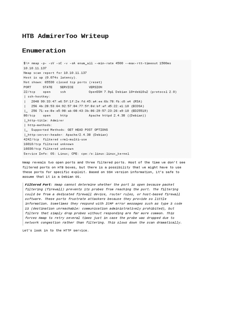 HTB AdmirerToo Writeup - RCE via OpenTSDB SSRF | PDF | Port (Computer Networking) | Computing