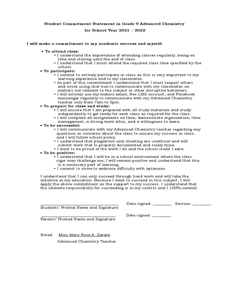 Student Commitment Statement in Grade 9 Advanced Chemistry For School ...