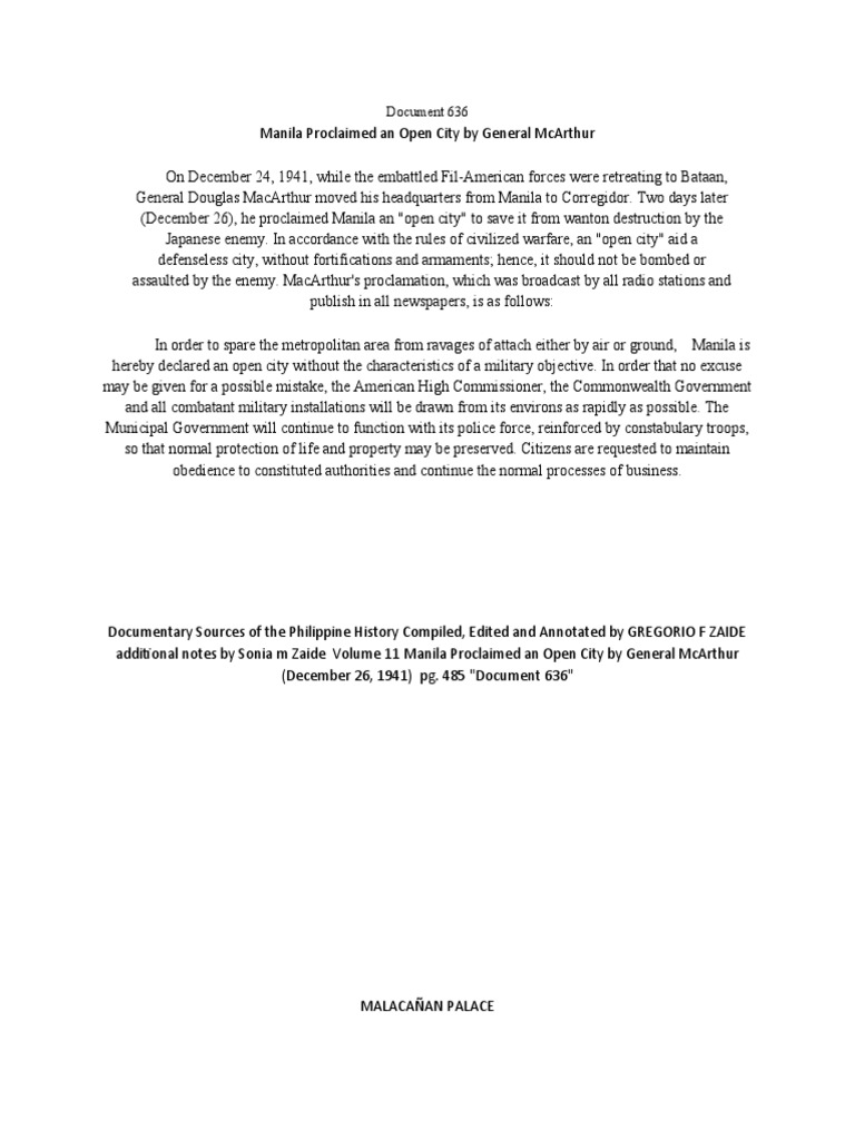 Manila Declared Open City by MacArthur | PDF | Douglas Mac Arthur ...