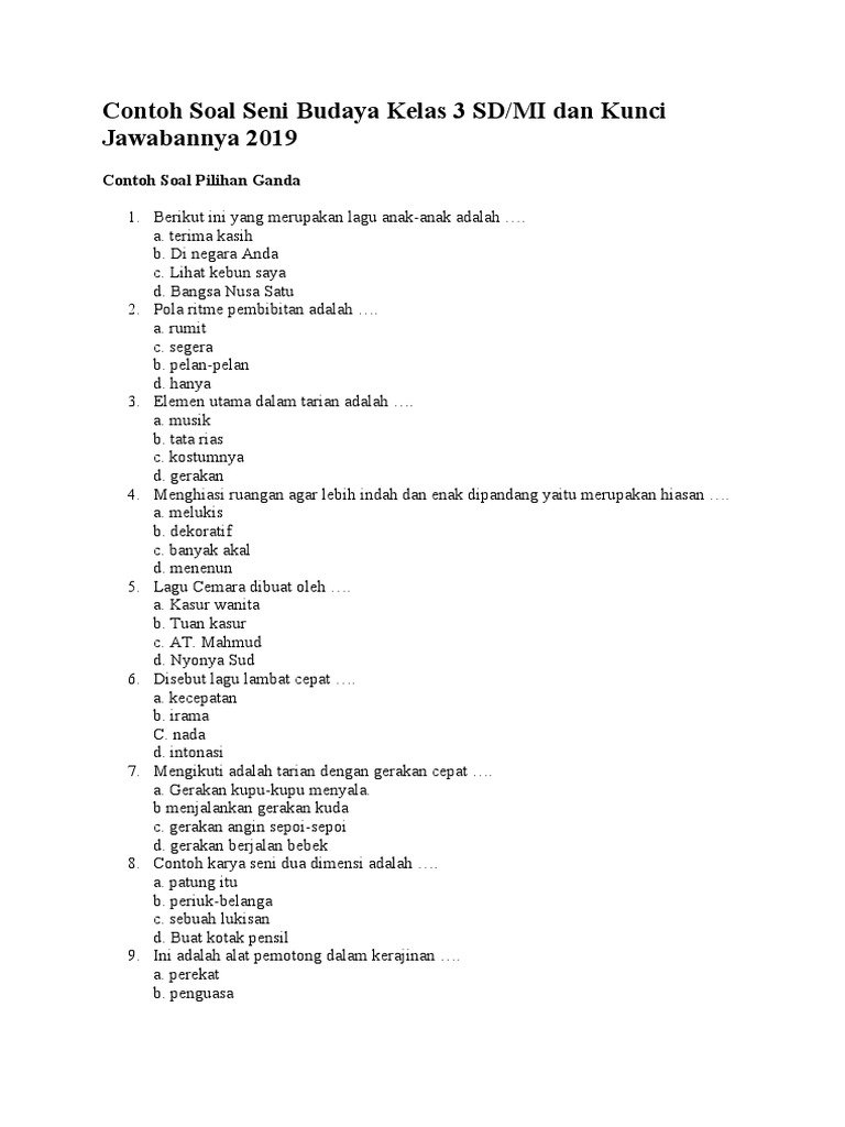Contoh Soal Seni Budaya Kelas 3 SD | PDF