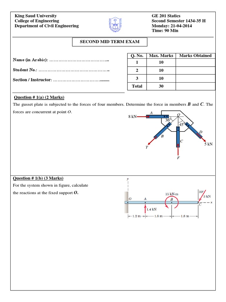 2nd Mid201 (1434-35 Semester II) | PDF | Force | Applied And ...