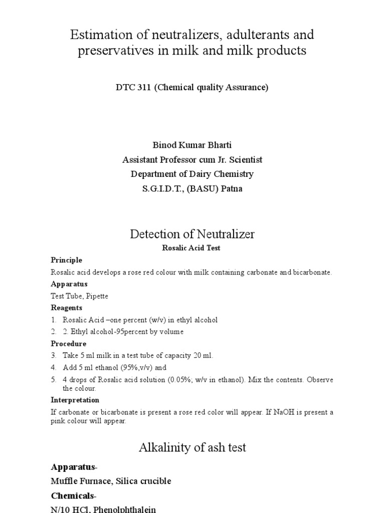 Estimation of Neutralizers, Adulterants and Preservatives in Milk and ...