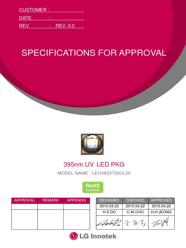 Specifications For Approval: 395nm UV Led PKG | PDF | Electrostatic Discharge | Materials