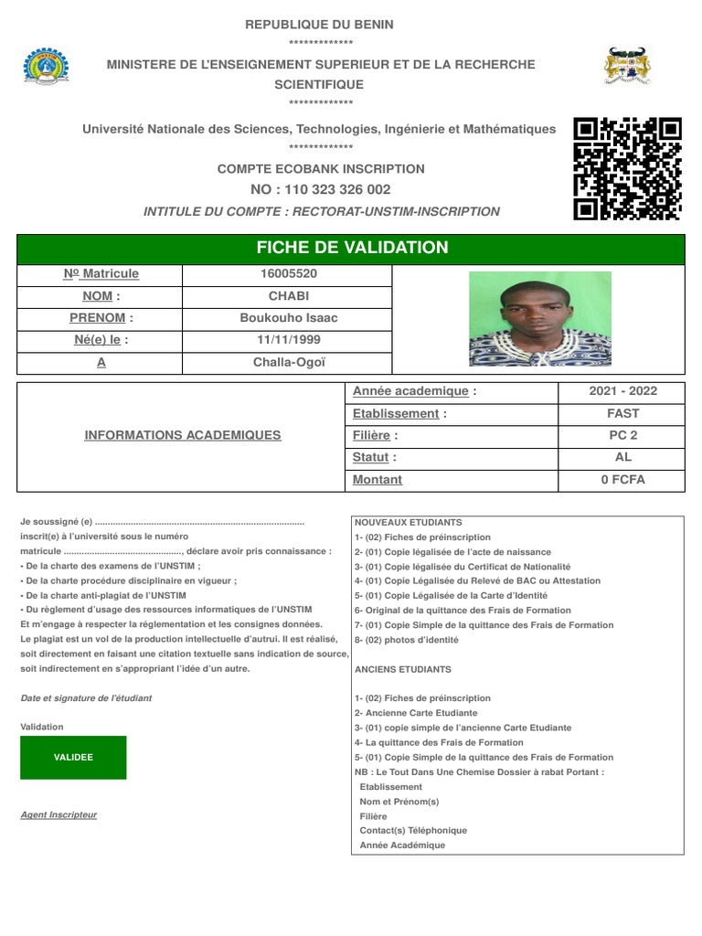 Fiche de Validation 16005520 | PDF