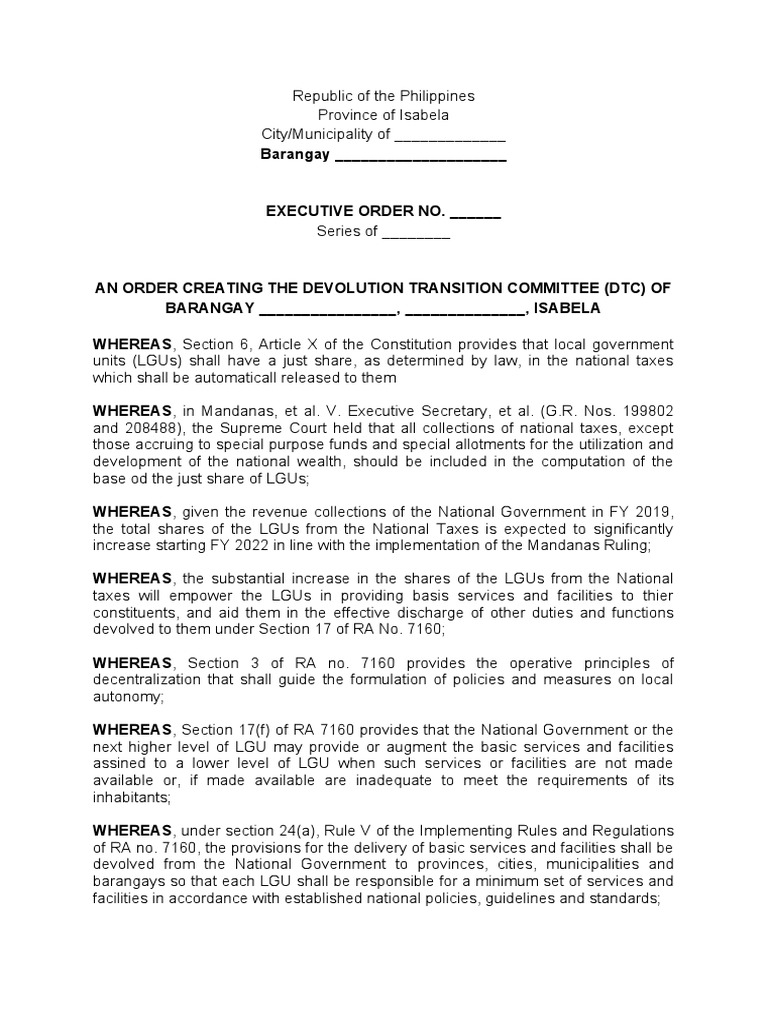 EO - Barangay DTC 1 | PDF | Local Government | Devolution