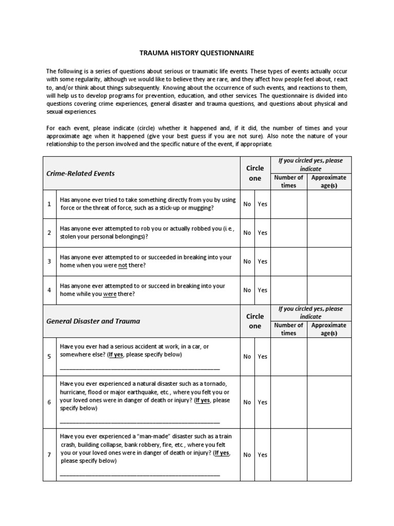 5 TRAUMA HISTORY Questionnaire | PDF | Psychological Trauma ...