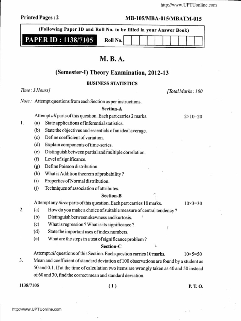 MBA Business Statistics Exam Paper | PDF | Statistics | Probability Theory