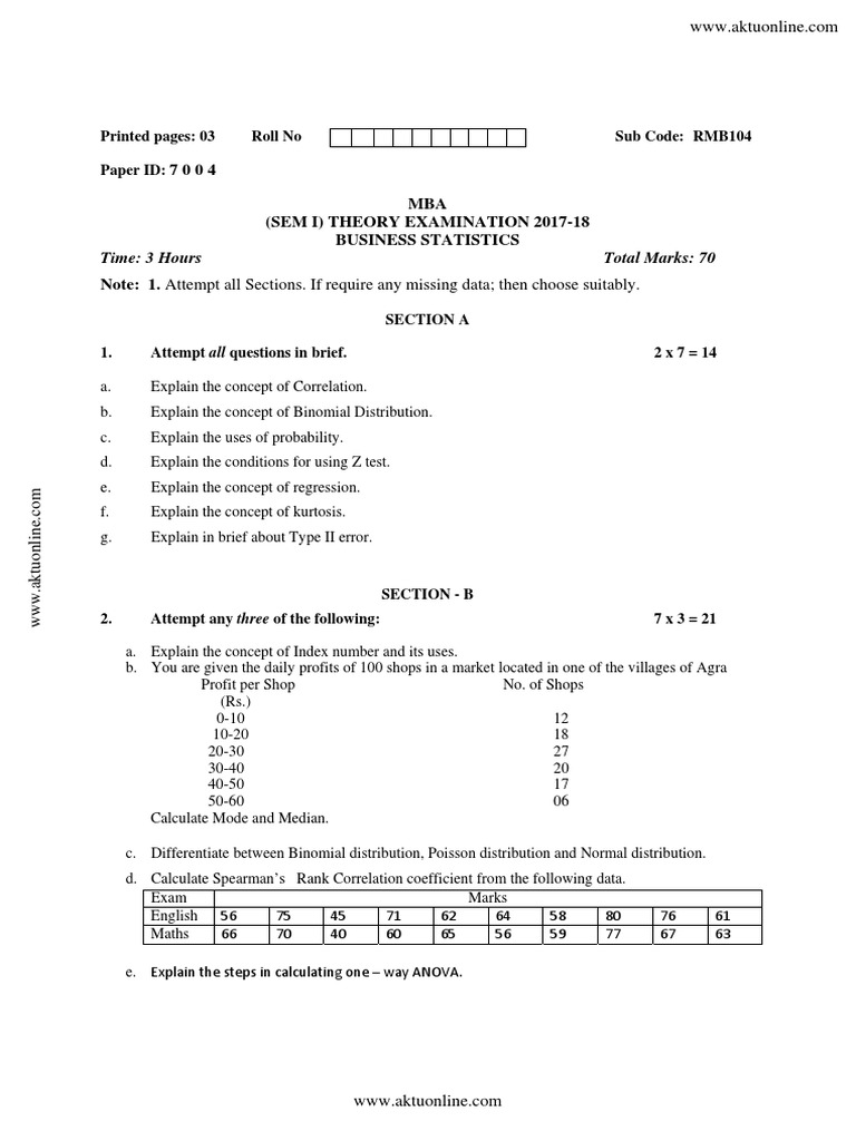 Business Statistics Exam Paper 2017-18 | PDF | Statistics | Standard ...
