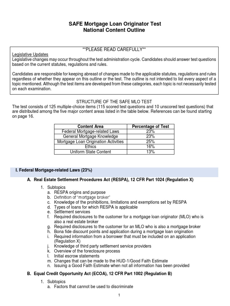 SAFE MLO Test Outline National Test | PDF | Mortgage Loan | Truth In ...
