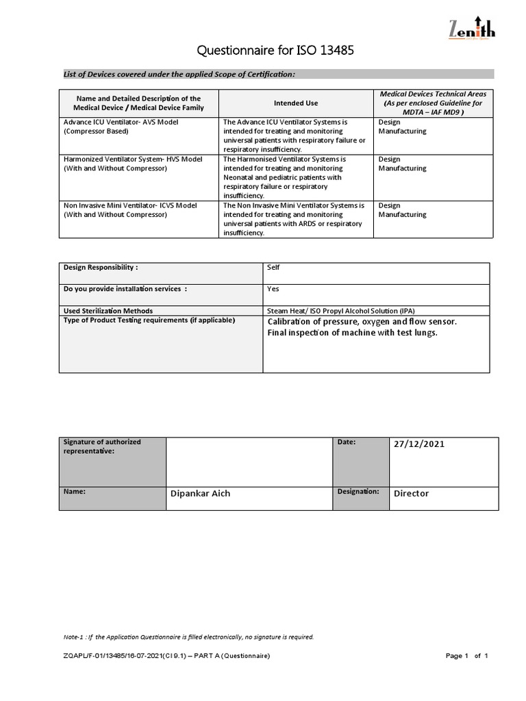 Questionnaire For ISO 13485: List of Devices Covered Under The Applied ...