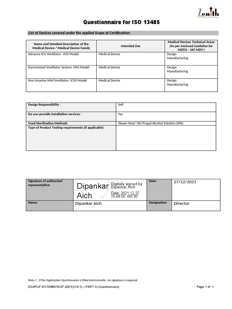 ISO 13485 Medical Device Questionnaire | PDF | Medical Device