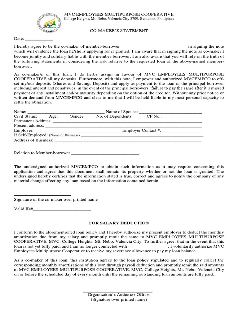 01 Co Maker Statement | PDF | Loans | Employment