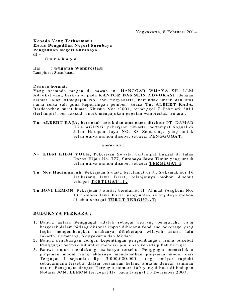 Contoh Gugatan Perdata Wanprestasi | PDF