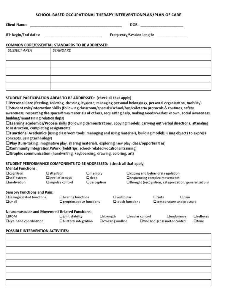 Sample School Based Ot Intervention Plan of Care | PDF | Individualized ...