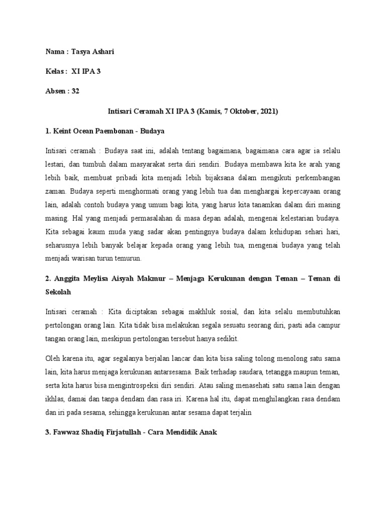 Tugas Intisari Ceramah - Tasya Ashari (32) XI IPA 3 | PDF